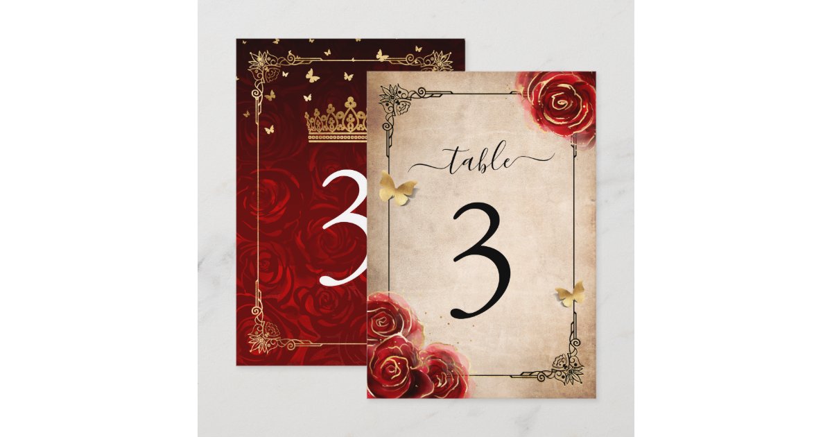 Vintage Red Rose Black Gold Table Number Cards | Zazzle