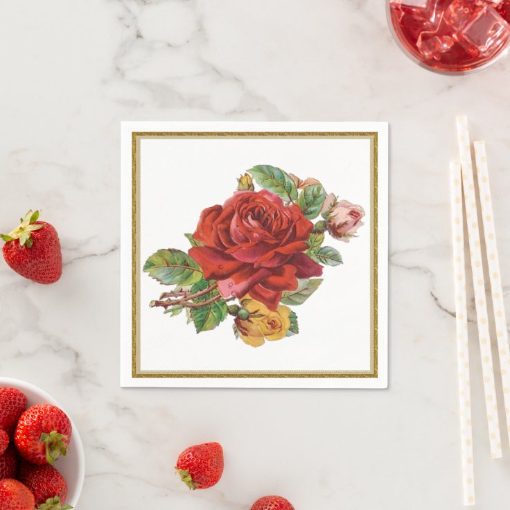 Vintage Red Rose Floral paper napkins | Zazzle