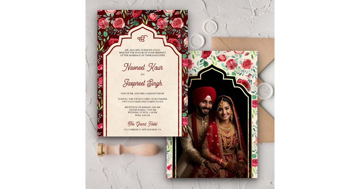 Vintage Red Roses Photo Anand Karaj Sikh Wedding Invitation | Zazzle