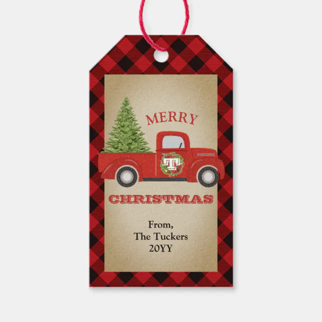Vintage Red Truck & Christmas Tree Buffalo Plaid Gift Tags | Zazzle
