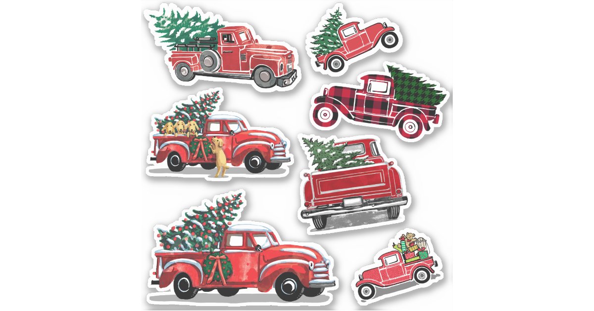 Vintage Red Truck Christmas Tree Gifts Dog Holiday Sticker | Zazzle