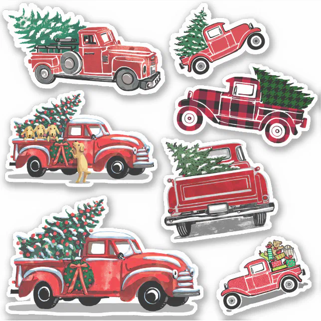 Vintage Red Truck Christmas Tree Gifts Dog Holiday Sticker | Zazzle