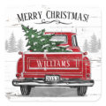 Vintage Red Truck Christmas Tree Rustic Holiday Square Sticker | Zazzle