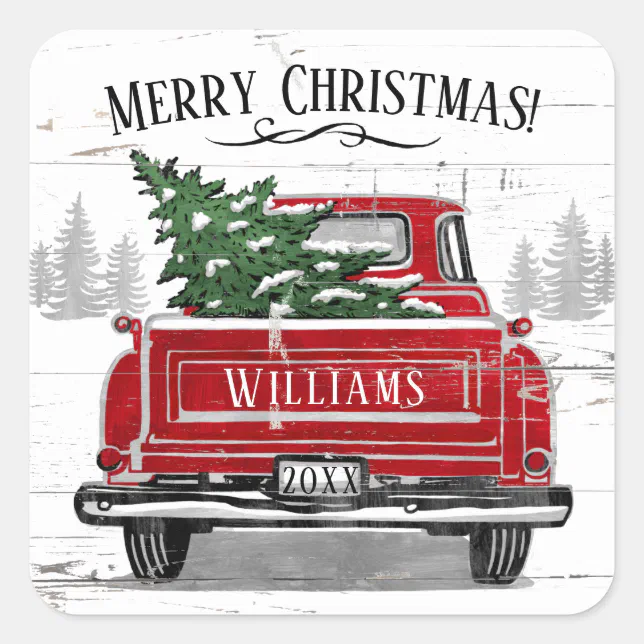 Vintage Red Truck Christmas Tree Rustic Holiday Square Sticker | Zazzle