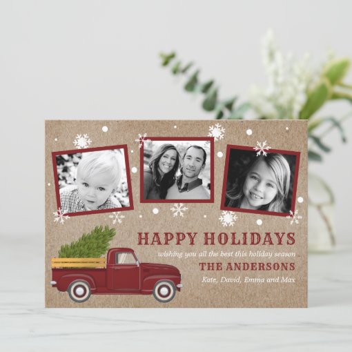 Vintage Red Truck Christmas Tree Snow Retro Photo Holiday Card | Zazzle
