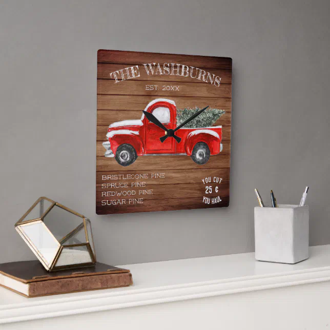 Vintage Red Truck | Farmhouse Christmas Square Wall Clock | Zazzle