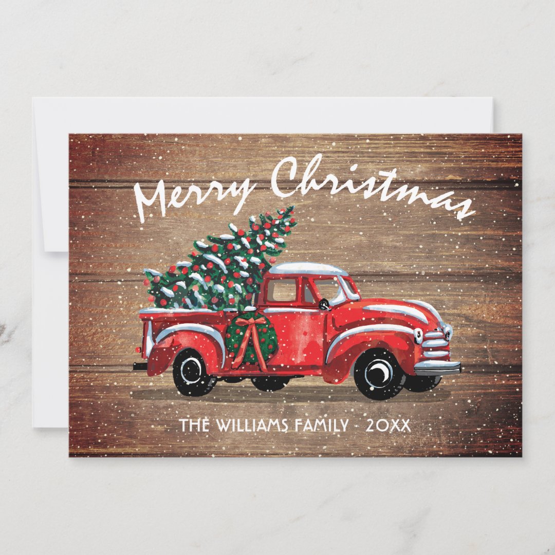 Vintage Red Truck Merry Christmas Rustic Wood Holiday Card | Zazzle