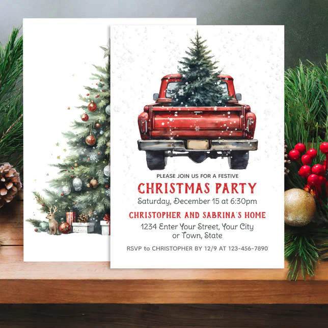 Vintage Red Truck Rustic Christmas Party Invitation | Zazzle