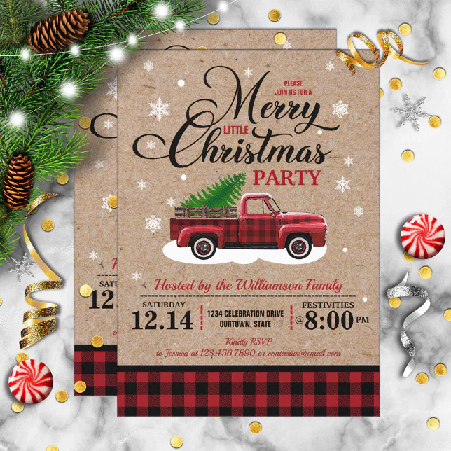 Vintage Red Truck Rustic Country Christmas Party Invitation | Zazzle