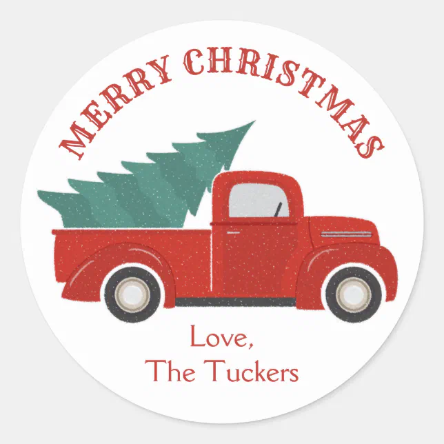 Vintage Red Truck with Christmas Tree Classic Round Sticker | Zazzle