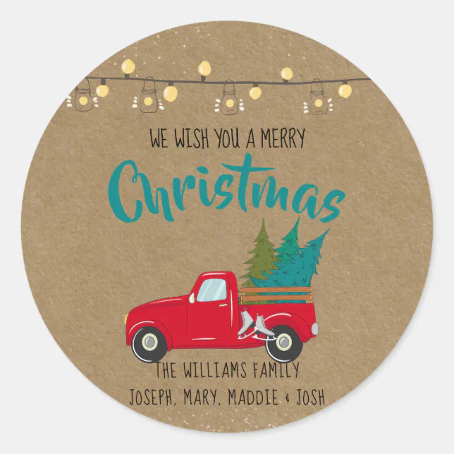 Vintage Red Truck with Christmas Trees on Kraft Classic Round Sticker ...