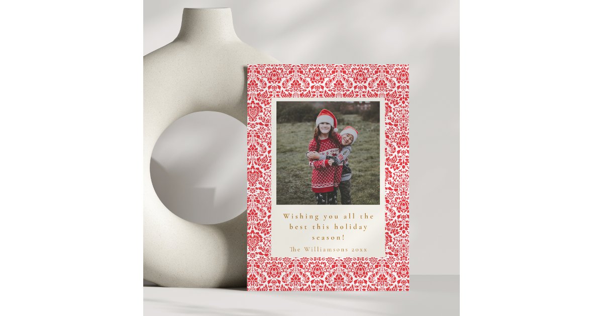 Vintage Red Vertical Festive Two Photo Christmas Holiday Card | Zazzle