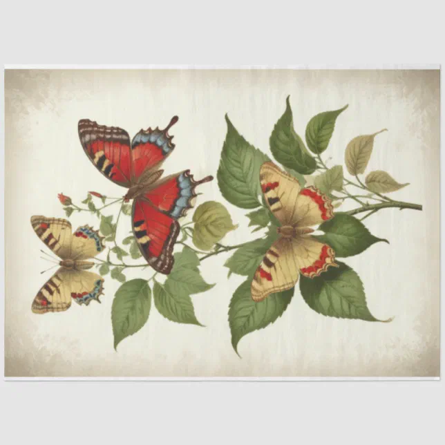 Vintage Red Yellow Primitive Butterflies Decoupage Tissue Paper | Zazzle