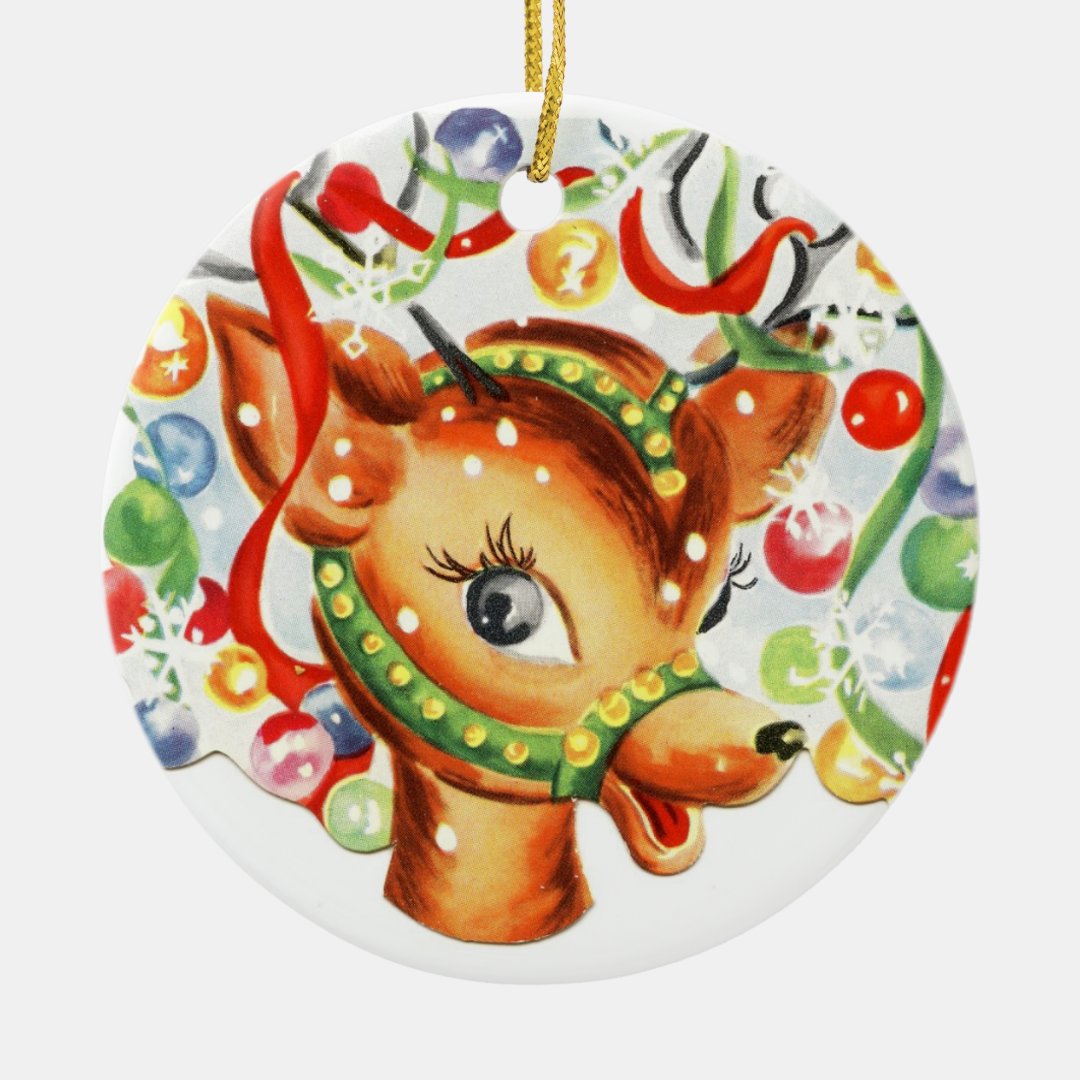 Vintage Reindeer Ceramic Christmas Ornament | Zazzle