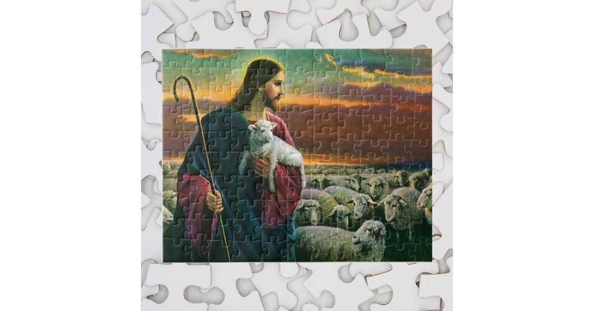 Vintage Religion, Christ Good Shepherd with Flock Jigsaw Puzzle | Zazzle