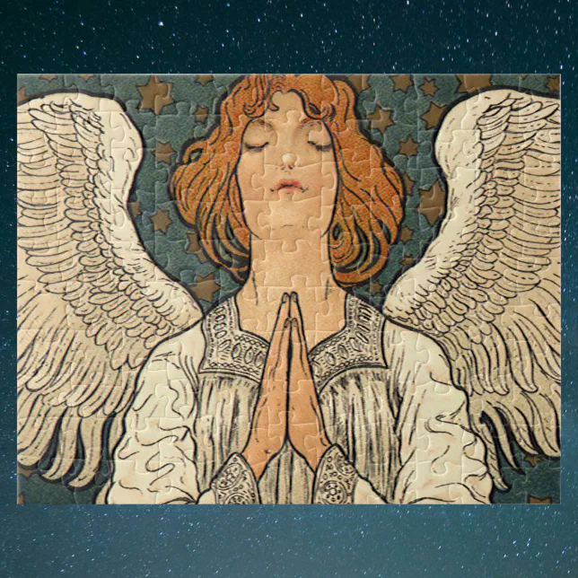 Vintage Religious Angel Praying with Gold Stars Jigsaw Puzzle | Zazzle