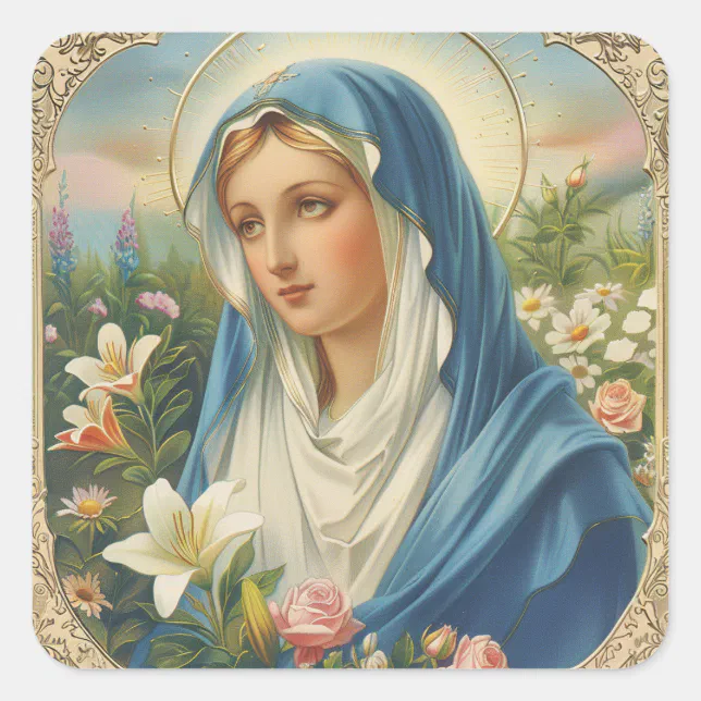 Vintage Religious Virgin Mary Floral Gold Catholic Square Sticker | Zazzle