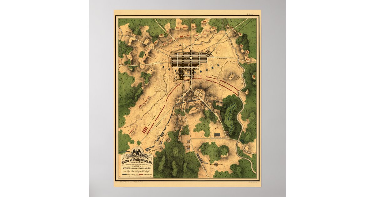 Vintage Restored Map of Battle of Gettysburg, 1863 Poster | Zazzle