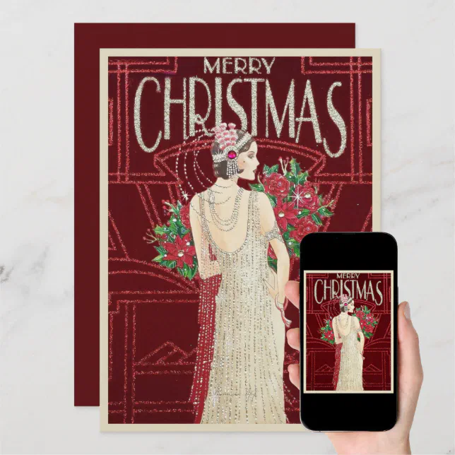 Vintage Retro Art Deco Woman Christmas Holiday Card | Zazzle