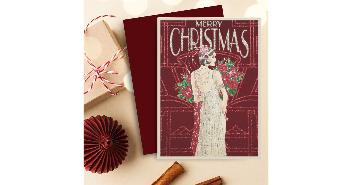 Vintage Retro Art Deco Woman Christmas Holiday Card | Zazzle