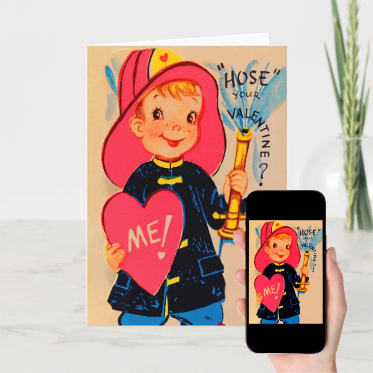 Vintage Retro Boy Fireman Valentine Card | Zazzle