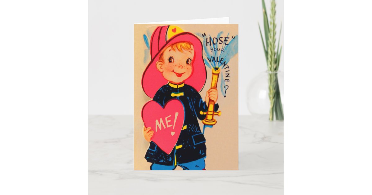 Vintage Retro Boy Fireman Valentine Card | Zazzle