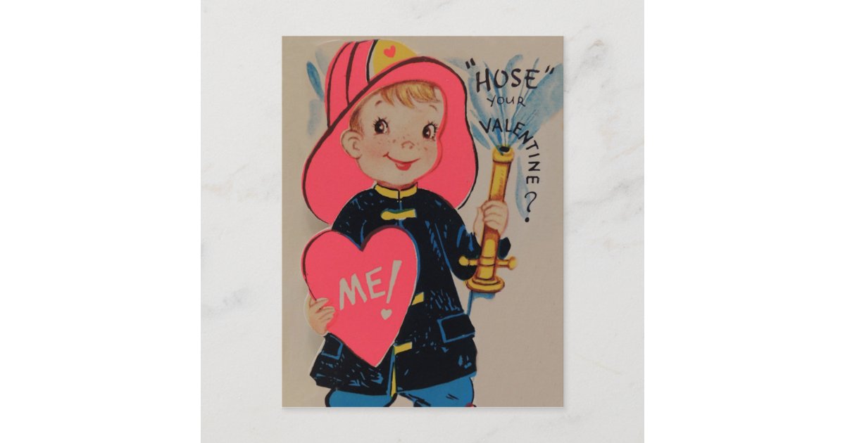 Vintage Retro Boy Fireman Valentine Card | Zazzle