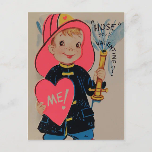 Vintage Retro Boy Fireman Valentine Card | Zazzle