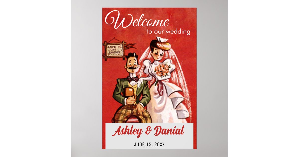 Vintage Retro Bride Groom 50s Old Rustic Wedding Poster | Zazzle