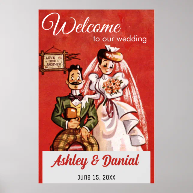 Vintage Retro Bride Groom 50s Old Rustic Wedding Poster | Zazzle