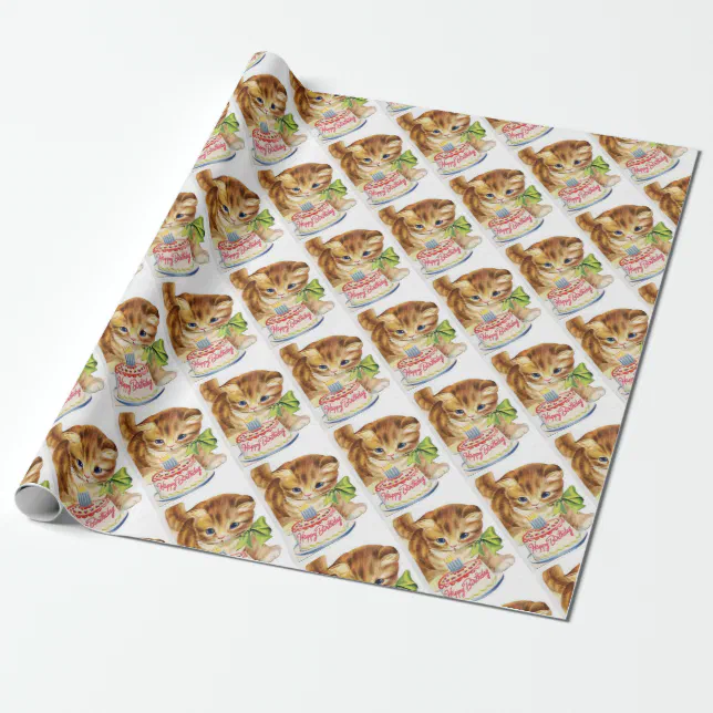 Vintage Retro Cat Kitten Birthday Cake Greeting Wrapping Paper | Zazzle