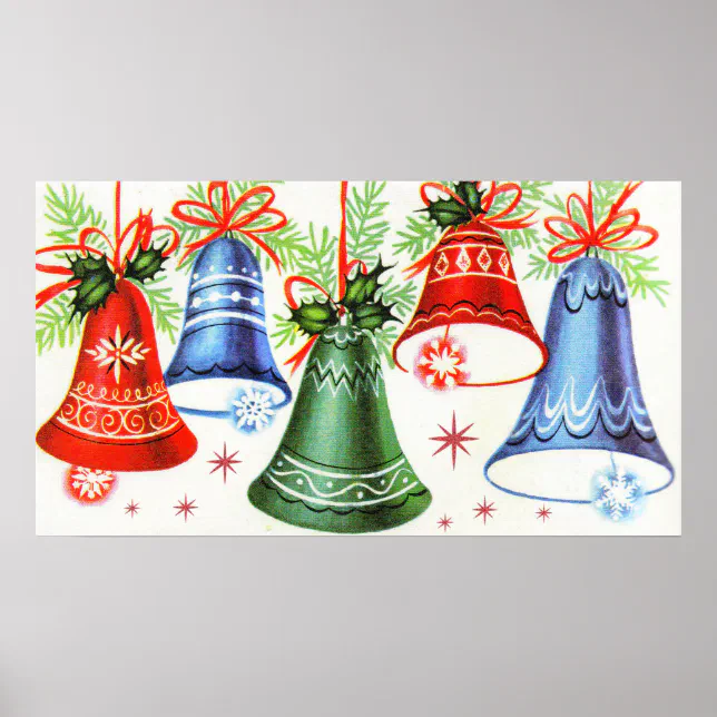 Vintage retro Christmas bells Holiday poster | Zazzle