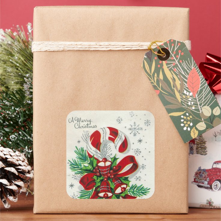 Vintage retro Christmas candy cane sticker | Zazzle