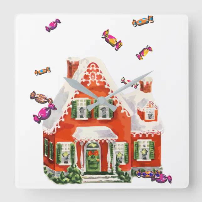 vintage retro christmas candy gingerbread house square wall clock | Zazzle