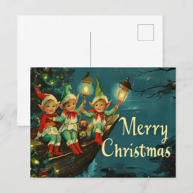 Vintage Retro Christmas: Happy Elves Holiday Postcard | Zazzle