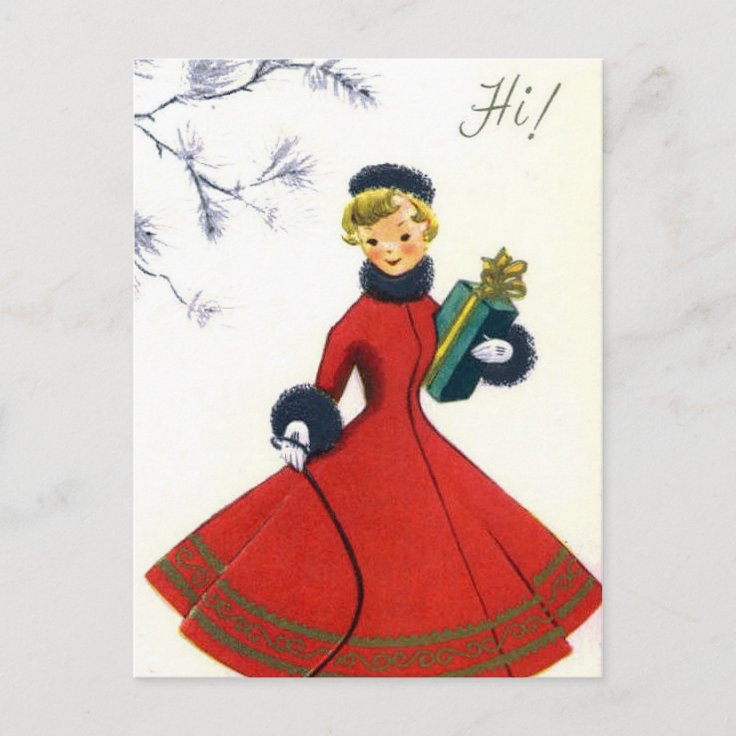 Vintage retro Christmas Holiday woman postcard | Zazzle