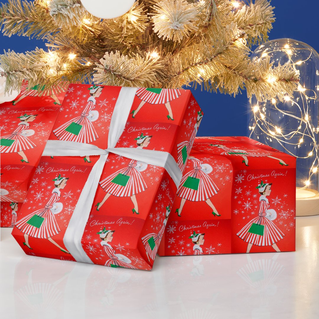 Vintage retro Christmas lady Festive party wrap Wrapping Paper | Zazzle