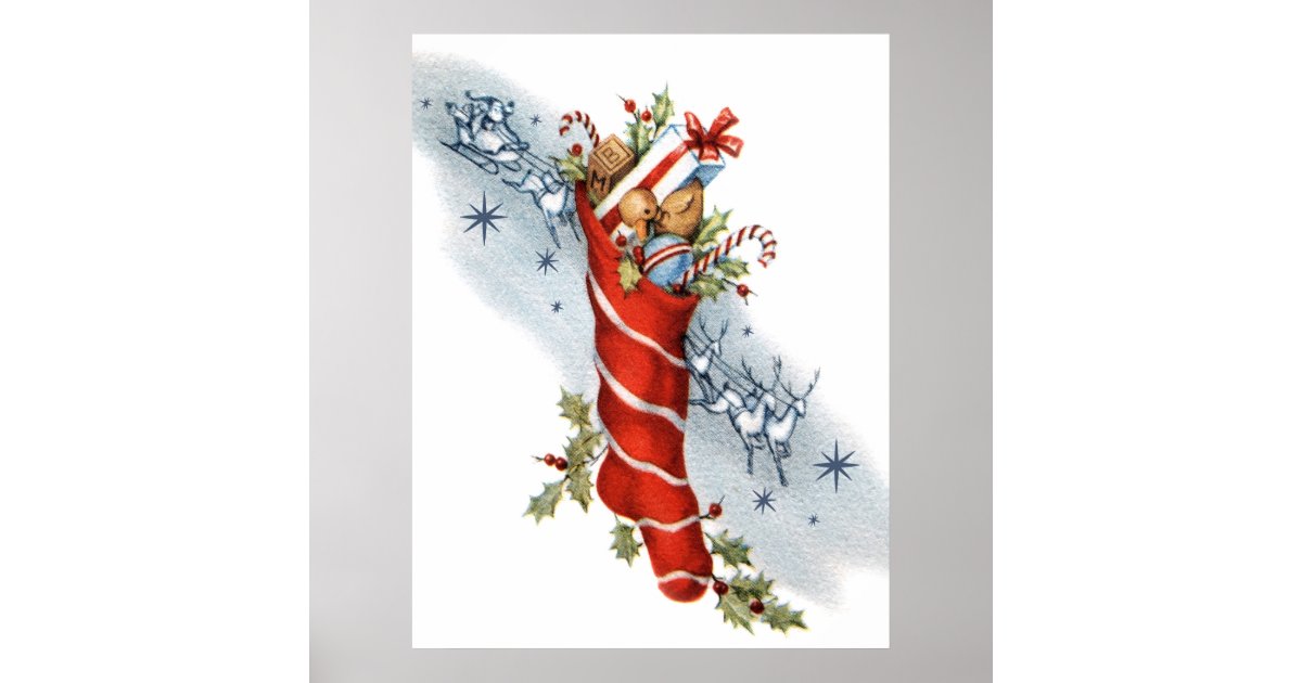 Vintage retro Christmas Santa stocking poster | Zazzle