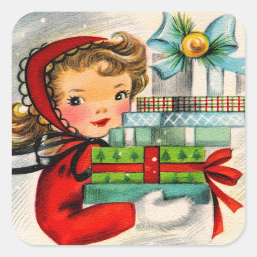 Vintage retro Christmas shopping girl sticker | Zazzle