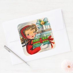 Vintage retro Christmas shopping girl sticker | Zazzle