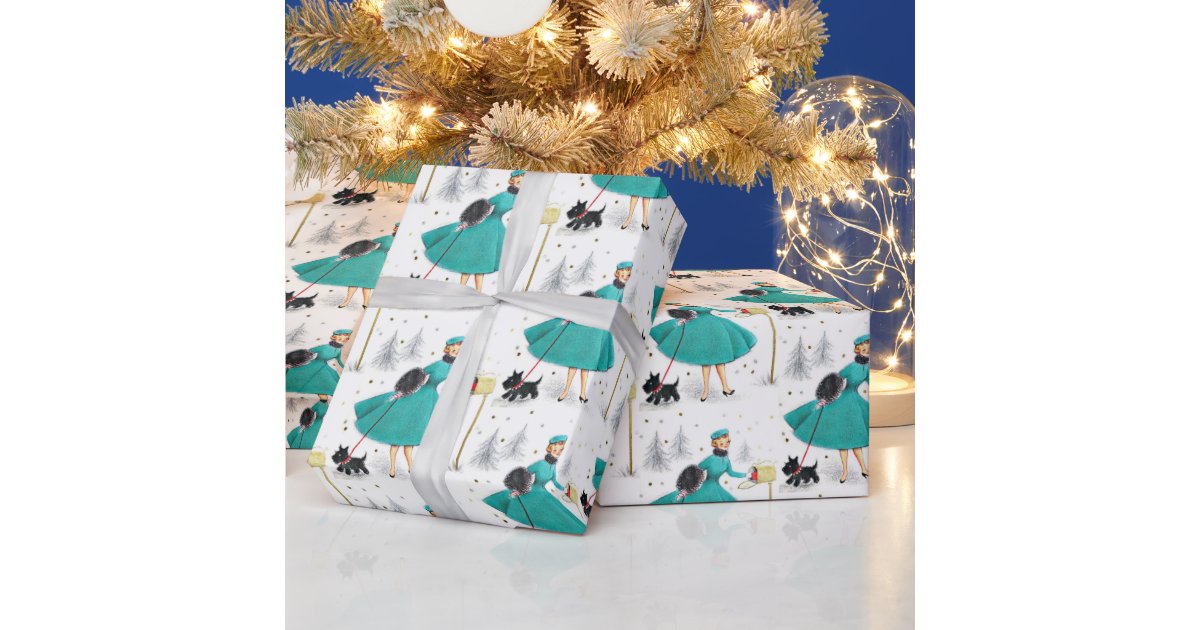 Vintage Retro Christmas Woman with Scotty Dog Wrapping Paper | Zazzle