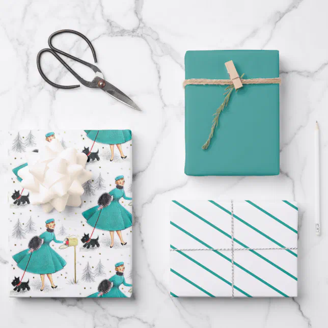 Vintage Retro Christmas Woman with Scotty Dog Wrapping Paper Sheets ...