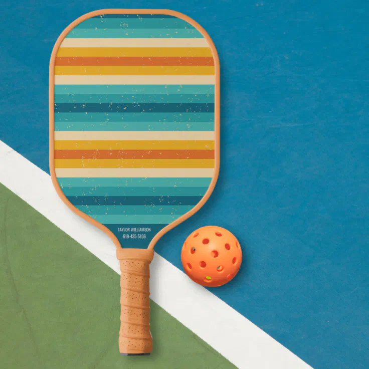 Vintage Retro Colorful Stripes Custom Text Name # Pickleball Paddle ...