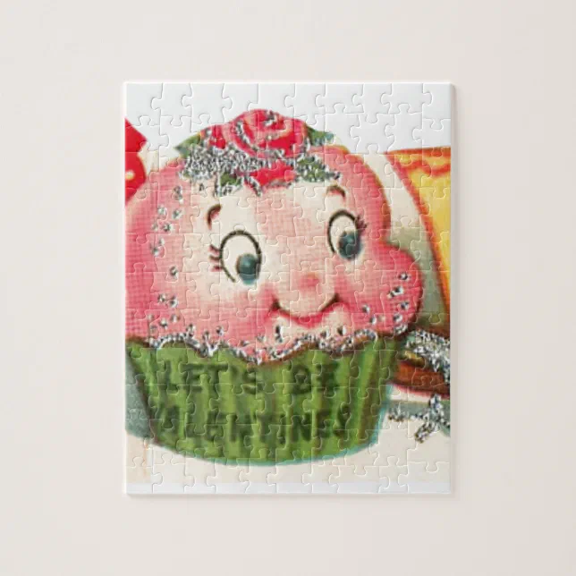 Vintage Retro Cupcake And Teacup Valentine's Day Jigsaw Puzzle | Zazzle