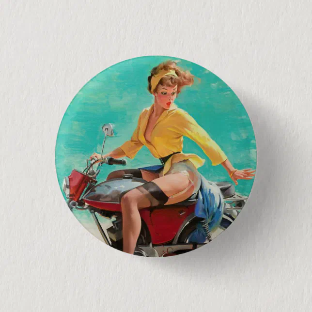 Vintage Retro Elvgren Motorcycle Biker Pin-UP Girl Button | Zazzle