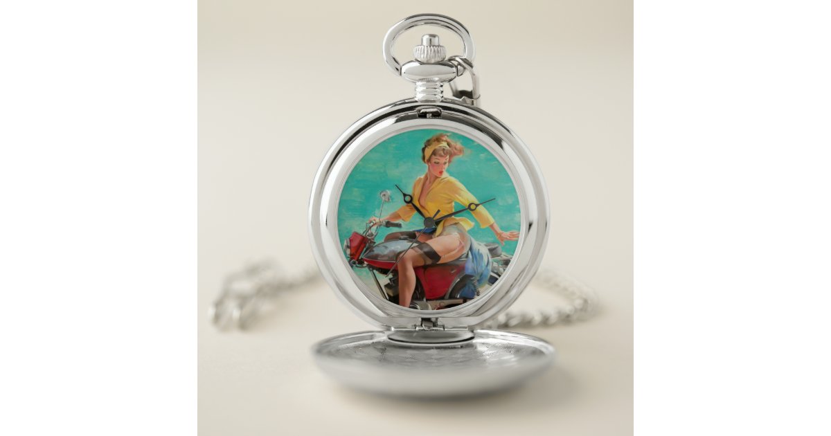 Vintage Retro Elvgren Motorcycle Biker Pin-UP Girl Pocket Watch | Zazzle