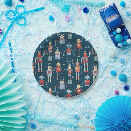 Vintage Retro Fun Robot Pattern Paper Plates | Zazzle