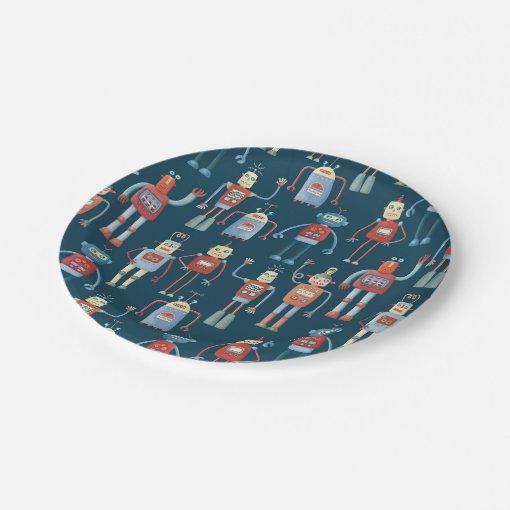 Vintage Retro Fun Robot Pattern Paper Plates | Zazzle