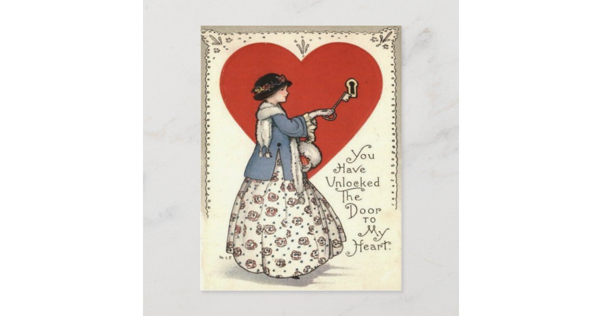 Vintage Retro Girl Key To Heart Valentine Card | Zazzle