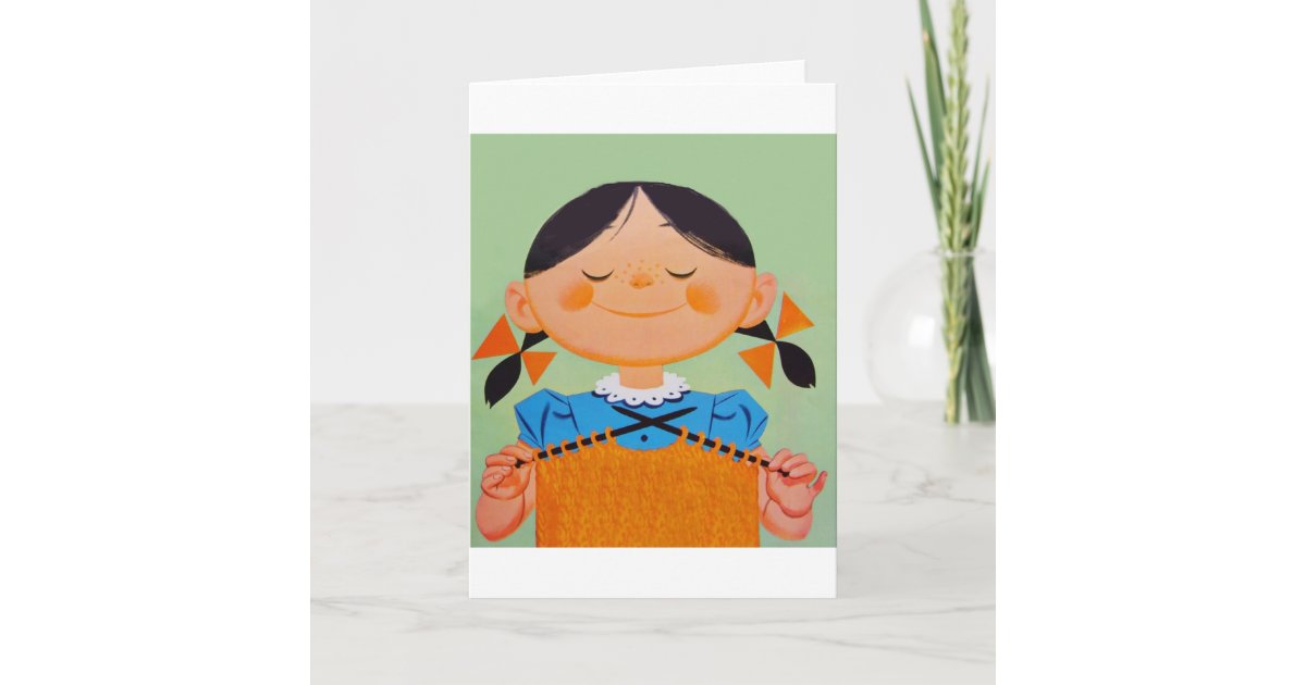 Vintage Retro Girl Knitting Card | Zazzle